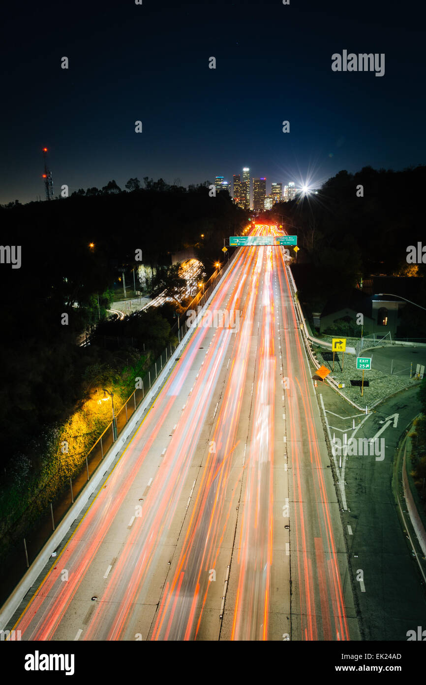 View of the 110 Freeway and downtown Los Angeles Skyline at night, from ...