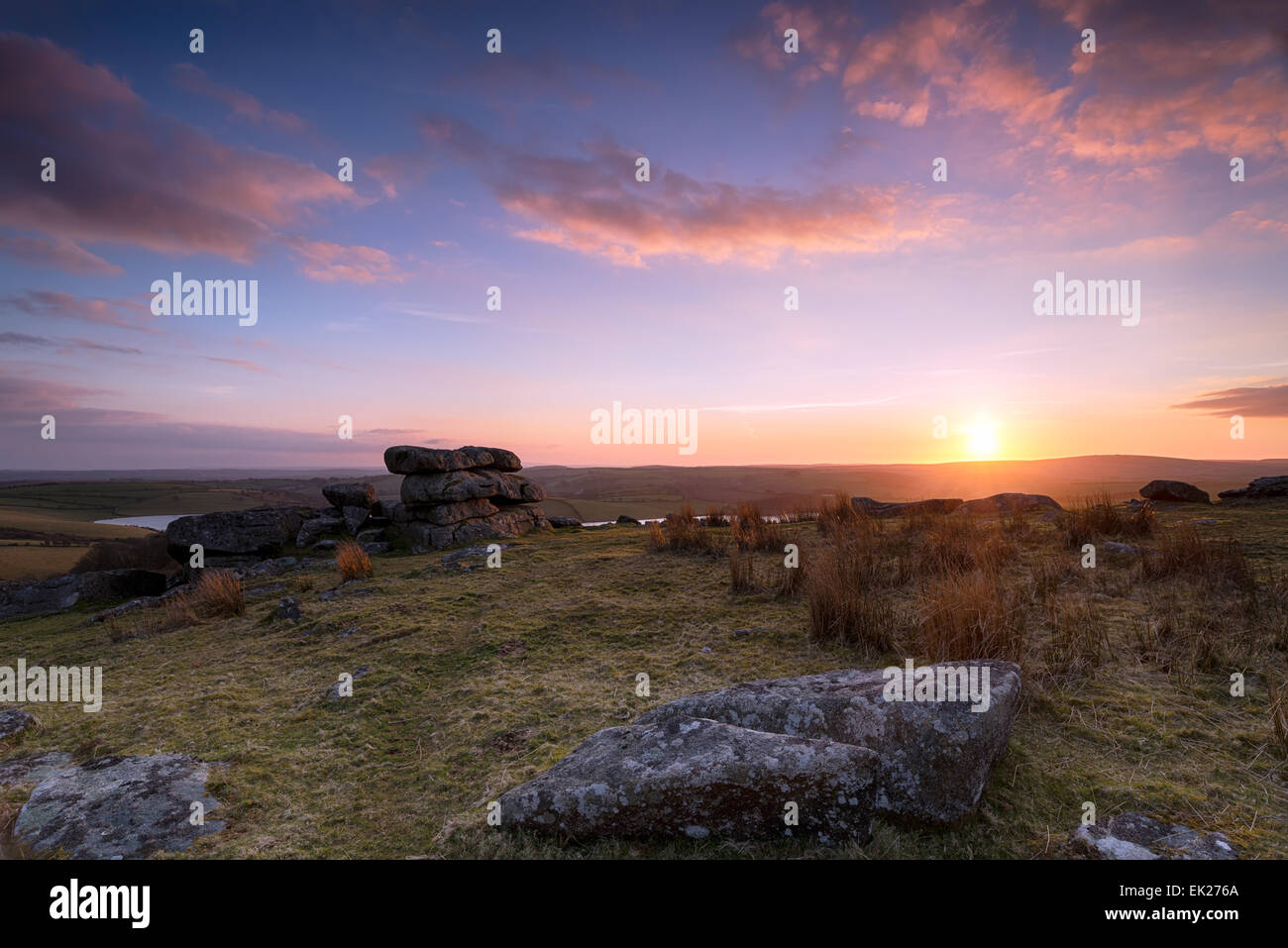Stunning dramatic sunset on top of Tregarrick Tor on Bodmin Moor in ...