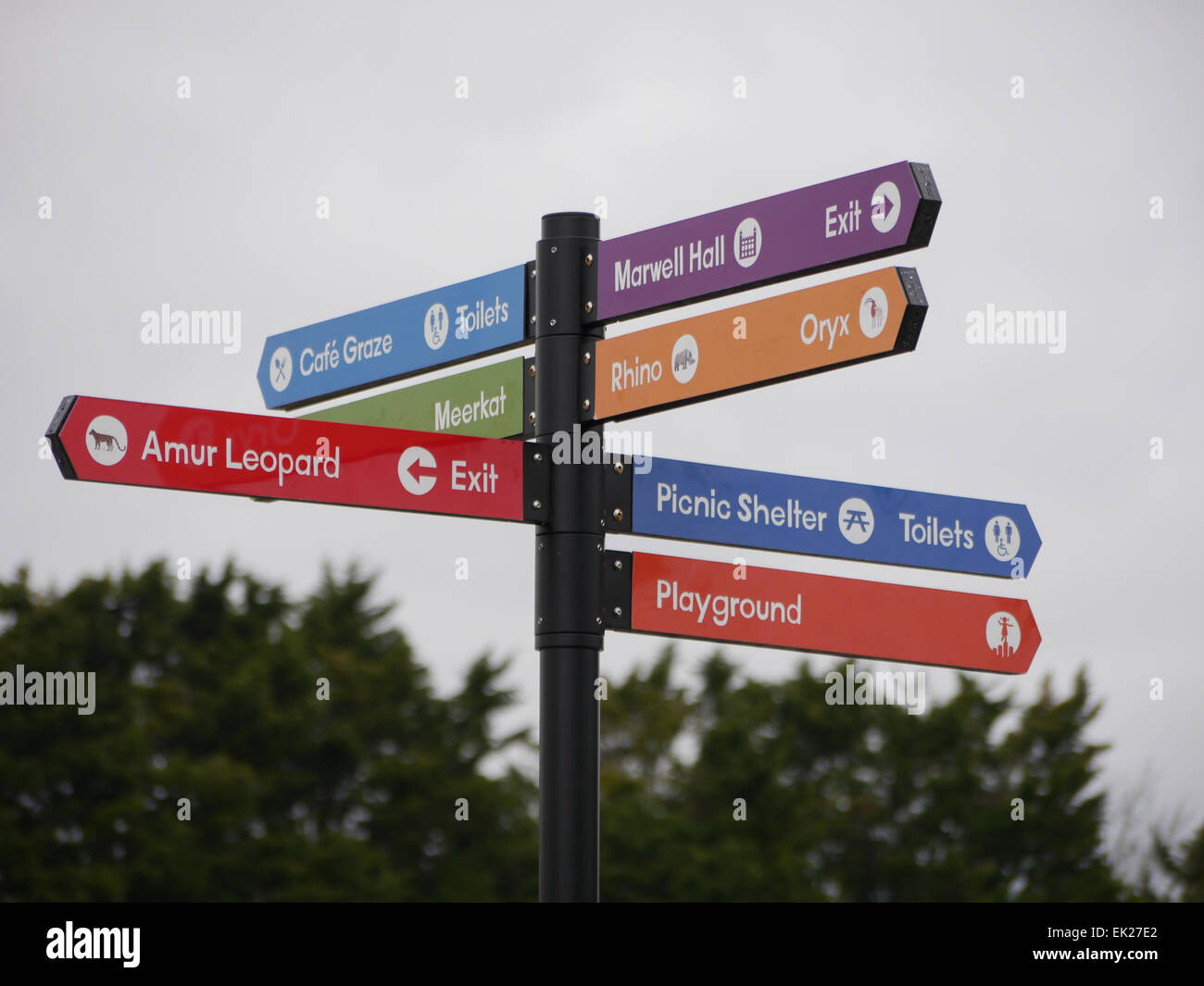 Direction signs pointing the way to attractions within Marwell Zoo ...