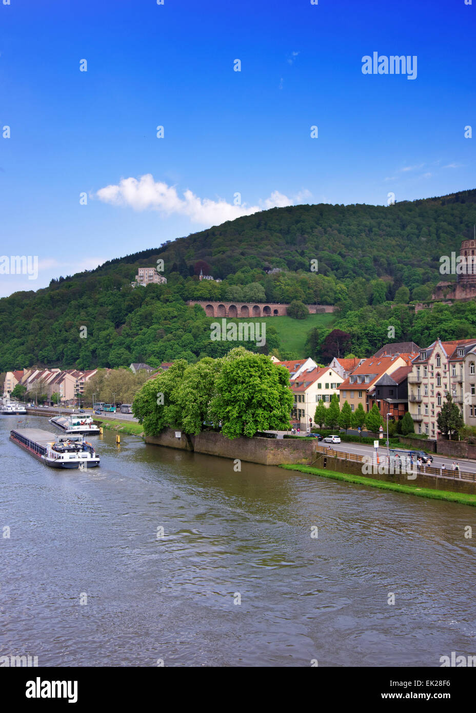 Barges in the river and quay of european city in summer Heidelberg ...