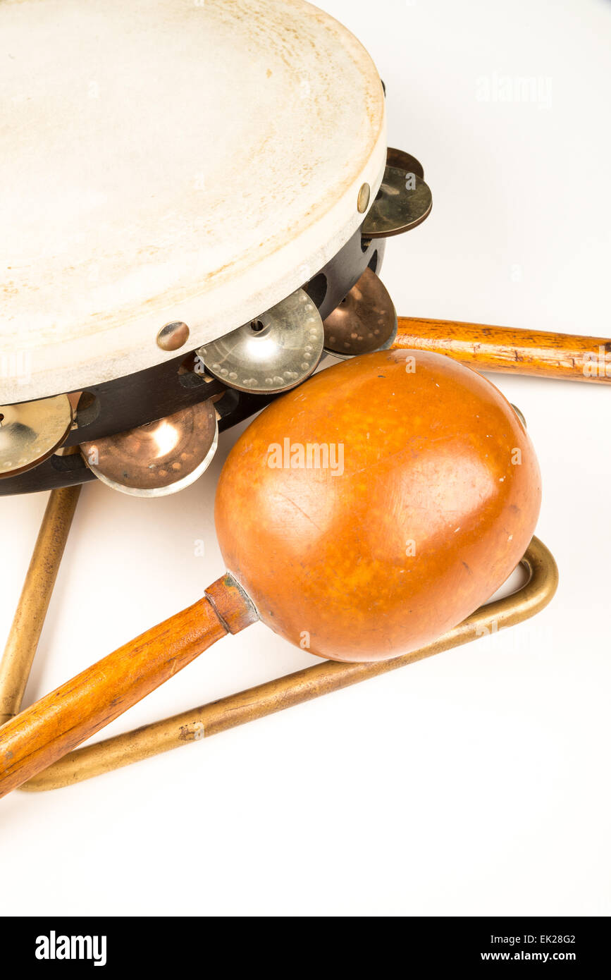 Assortment of small percussion instruments on white Stock Photo - Alamy