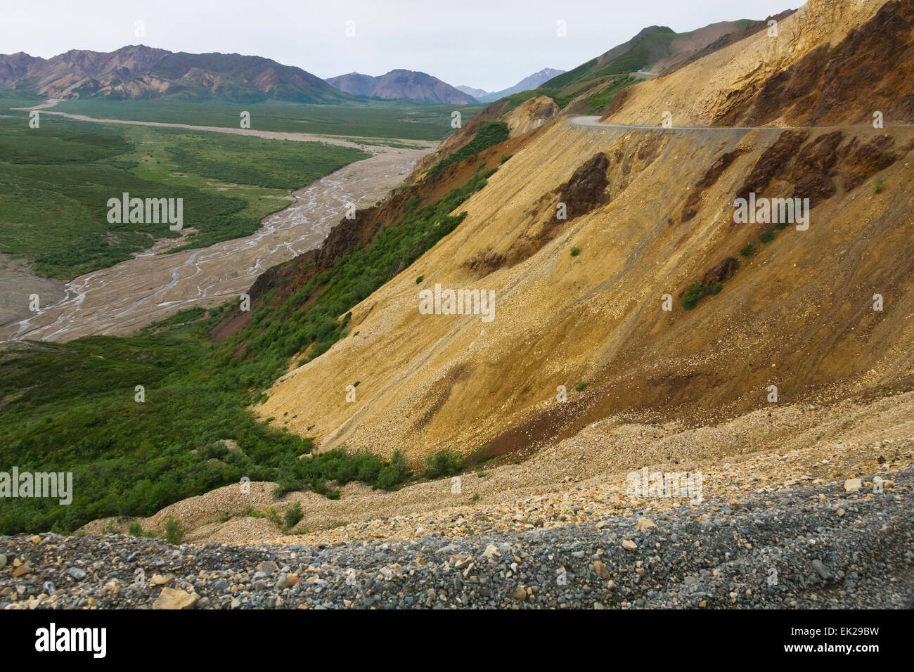 Road built on steep mountain slope, Denali National Park, Alaska, USA ...