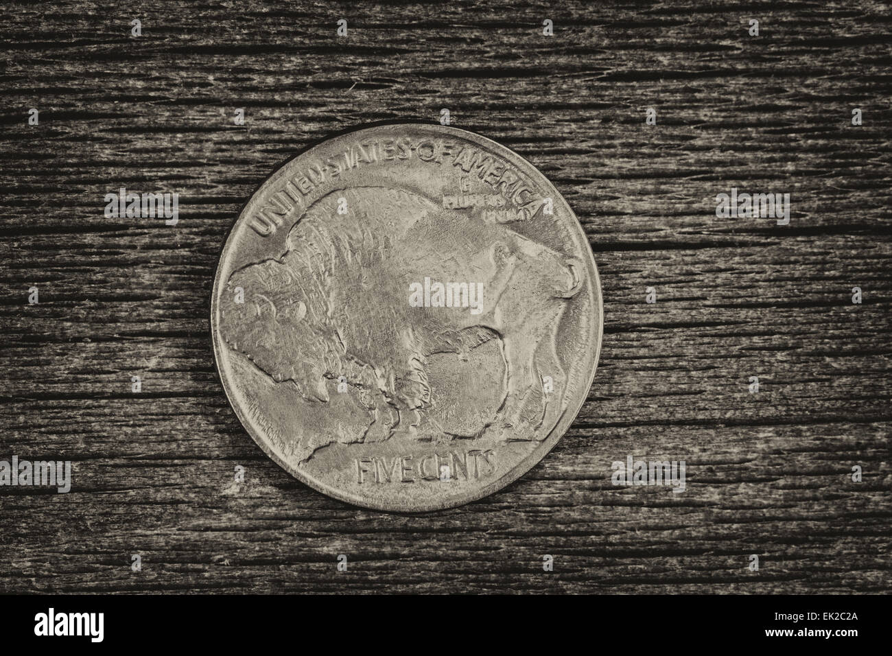Vintage concept of Buffalo Nickel, reverse side, on rustic wood Stock ...