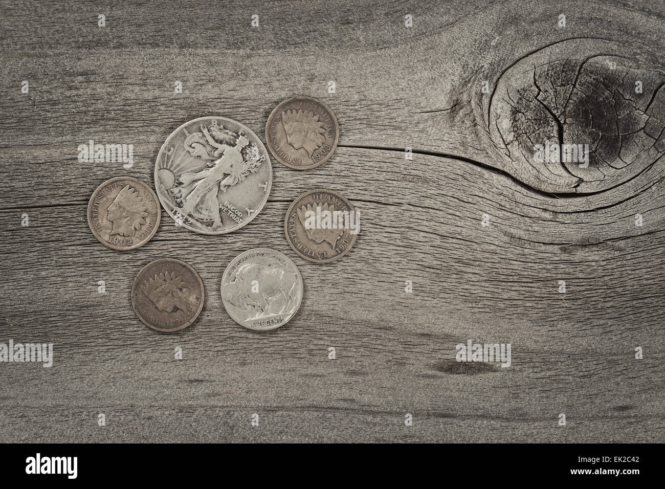 Old United States coins on rustic wood with vintage concept. Layout in ...