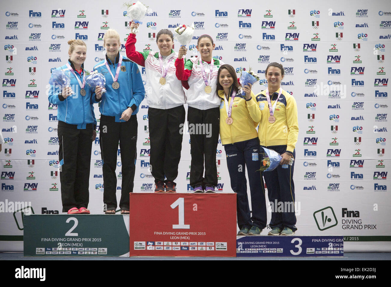 Guanajuato, Mexico. 5th Apr, 2015. Gold medalists Karla Rivas (3rd L ...