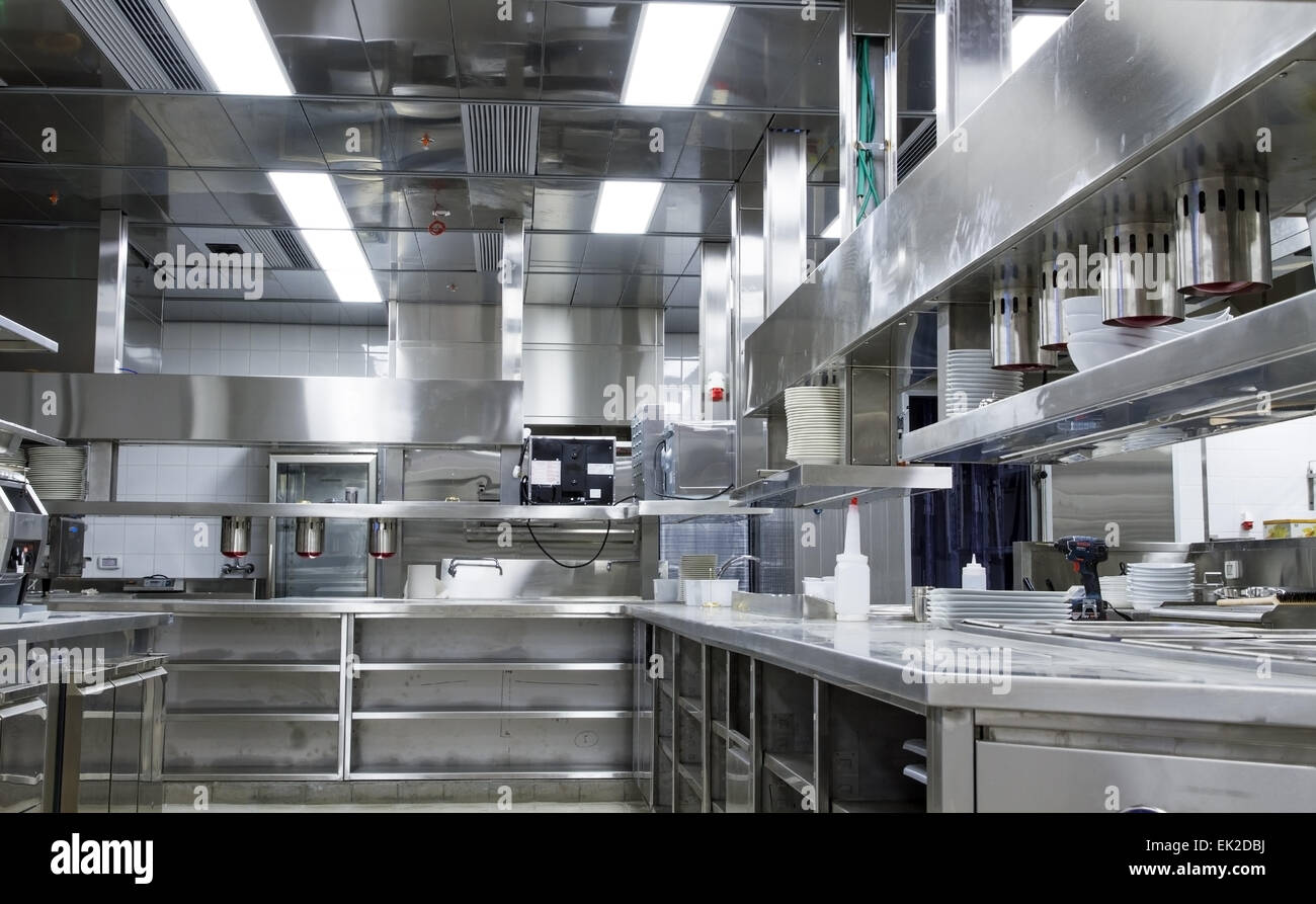 Professional kitchen, view counter in stainless steel Stock Photo - Alamy