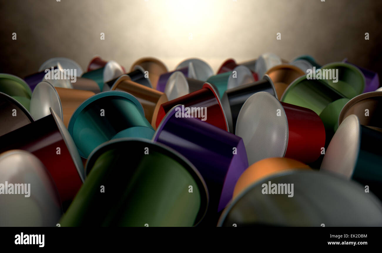 A closeup view of a collection of colorful instant espresso coffee ...