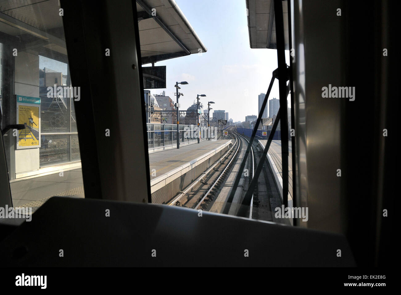 A view through the front window of a DLR train Stock Photo - Alamy