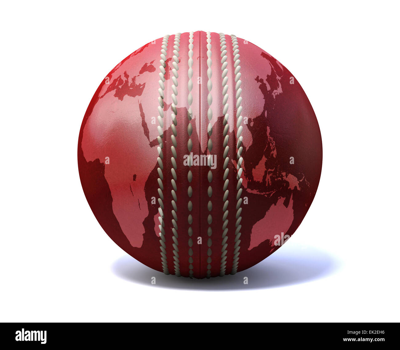 An red leather cricket ball with a world map projected onto it on an ...