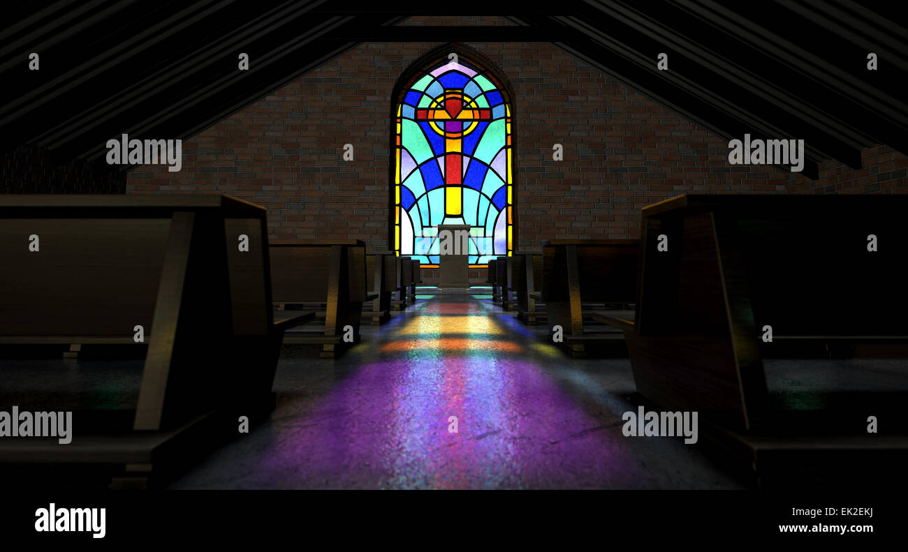 A dim old church interior lit by suns rays penetrating through a ...