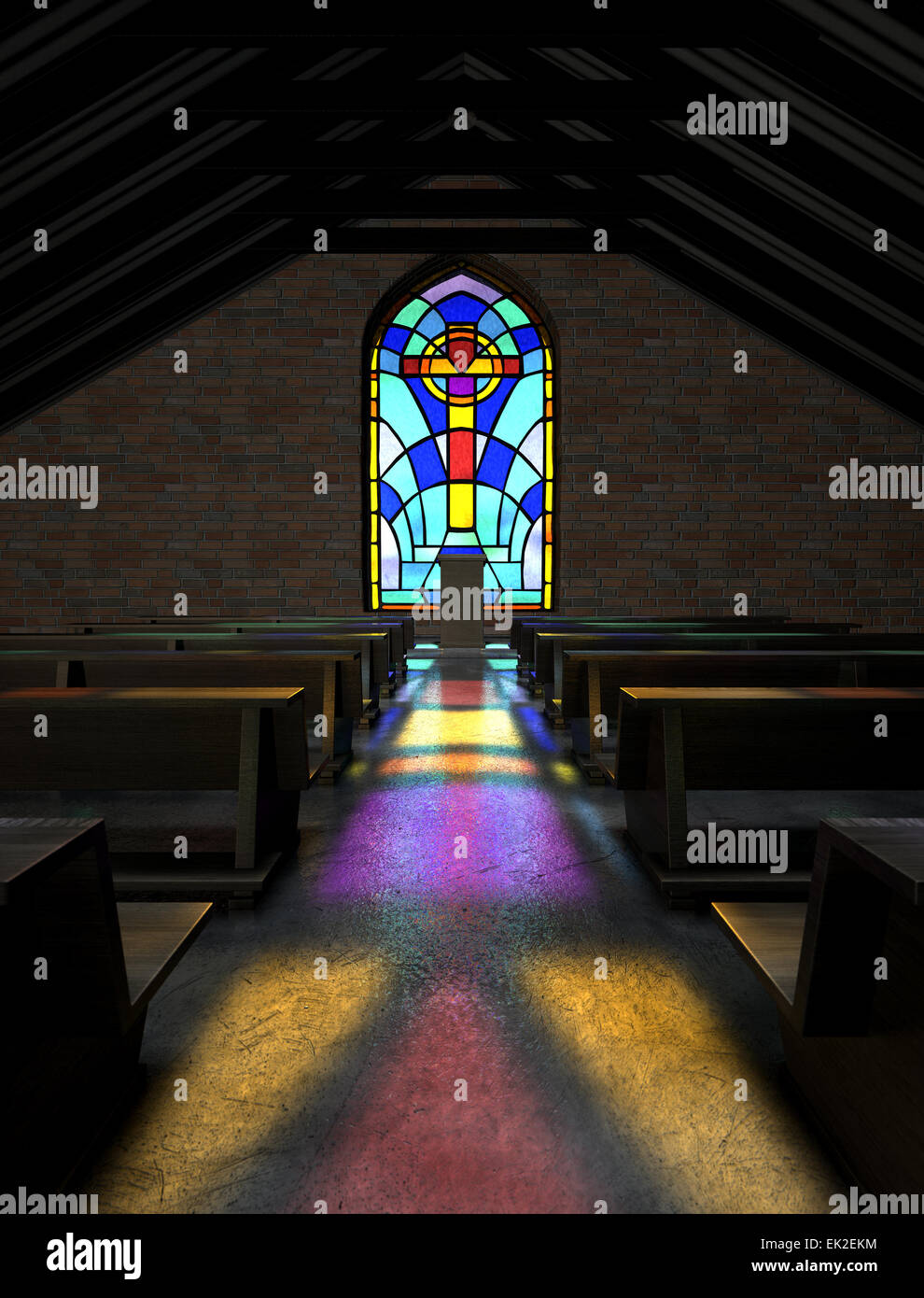 A dim old church interior lit by suns rays penetrating through a ...