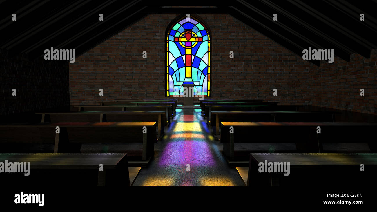 A dim old church interior lit by suns rays penetrating through a ...