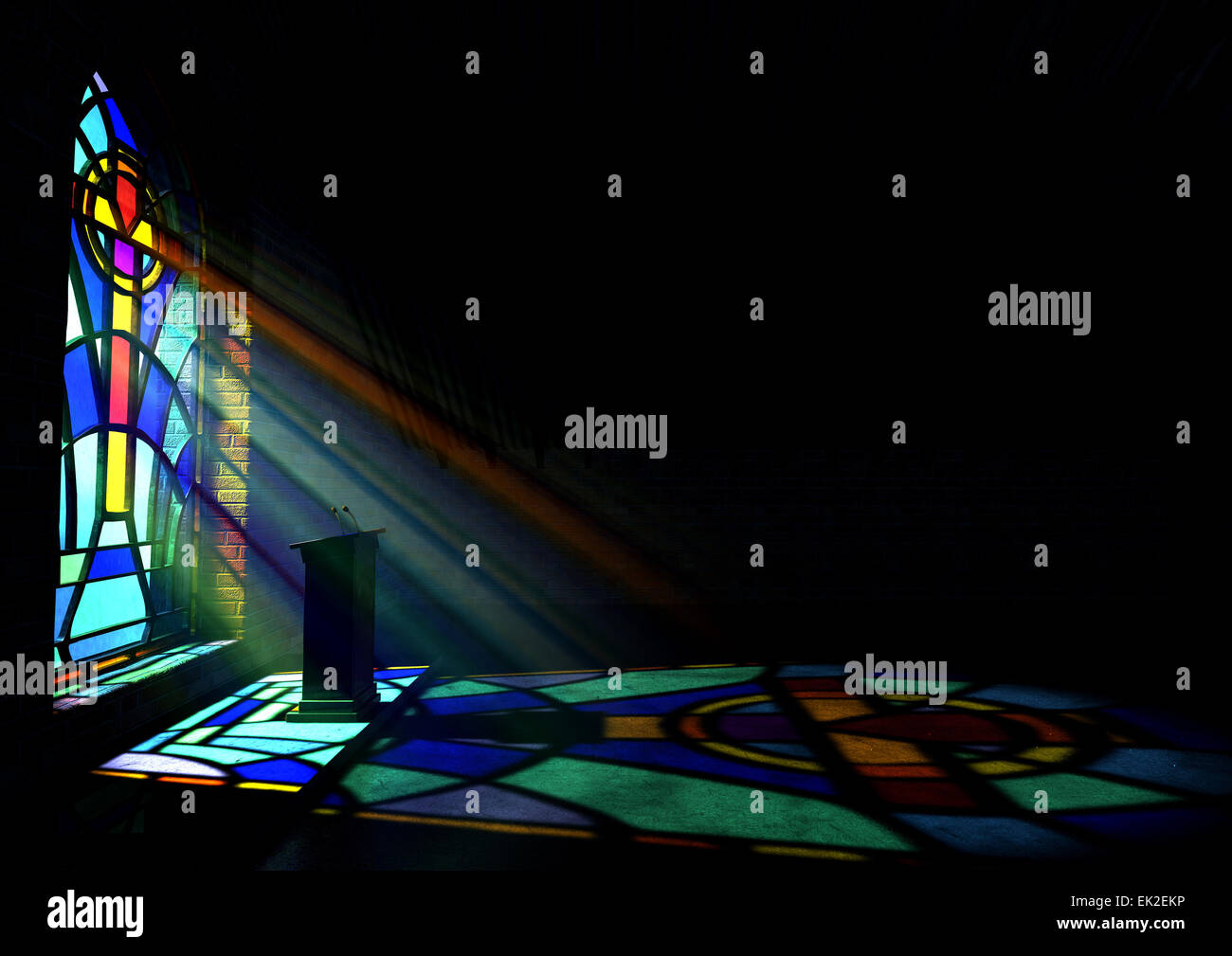 A dim old church interior lit by suns rays penetrating through a ...