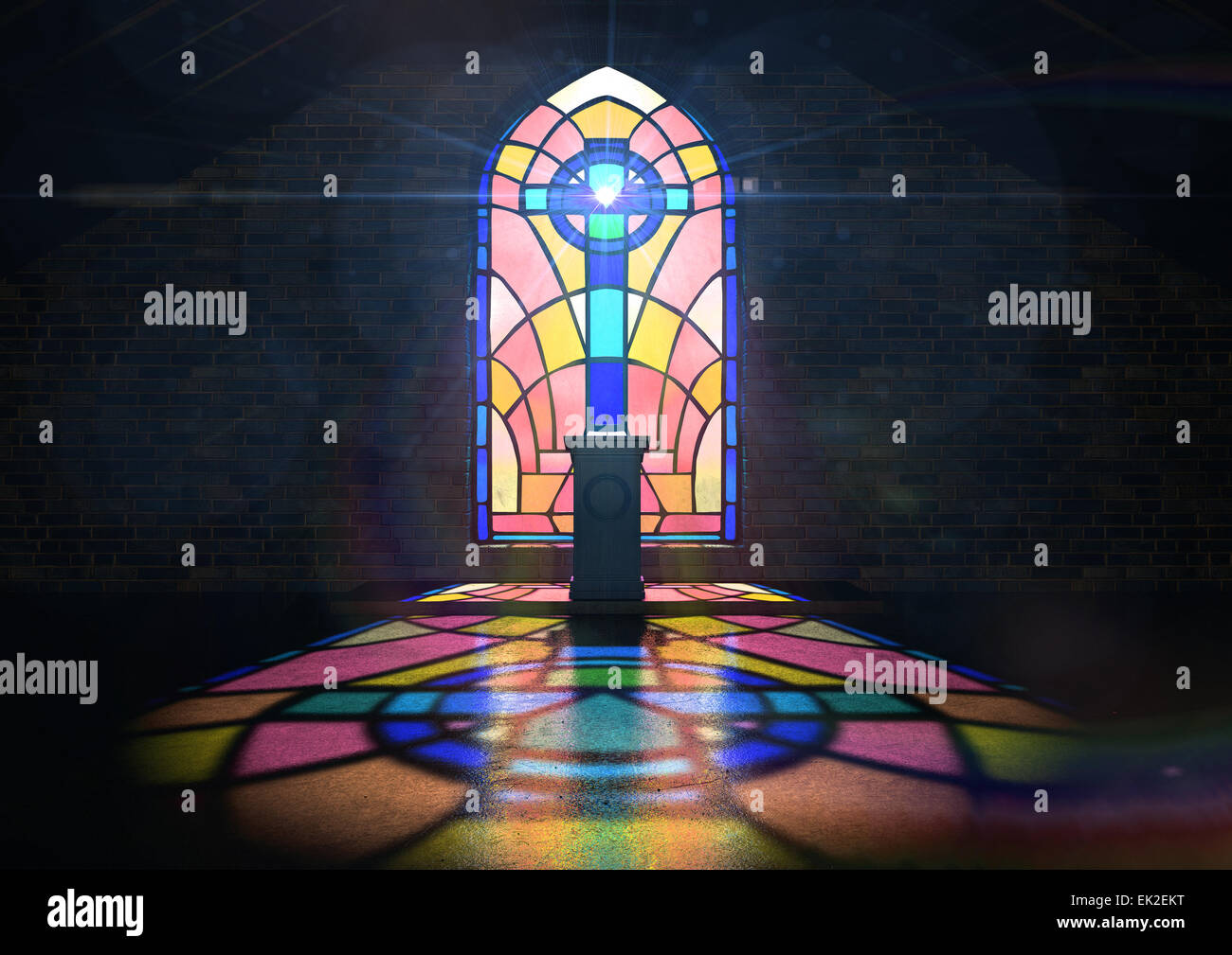 A dim old church interior lit by suns rays penetrating through a ...