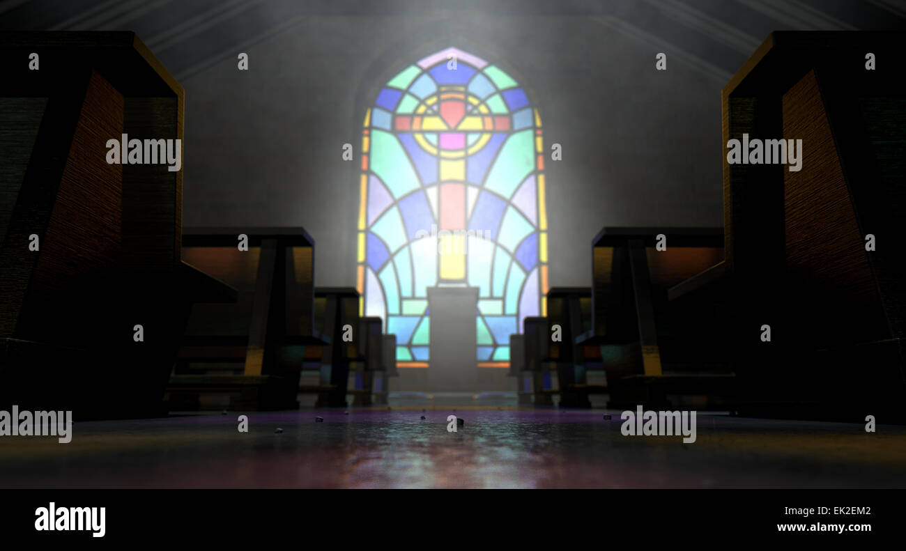 A dim old church interior lit by suns rays penetrating through a ...