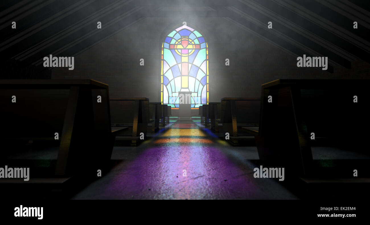 A dim old church interior lit by suns rays penetrating through a ...