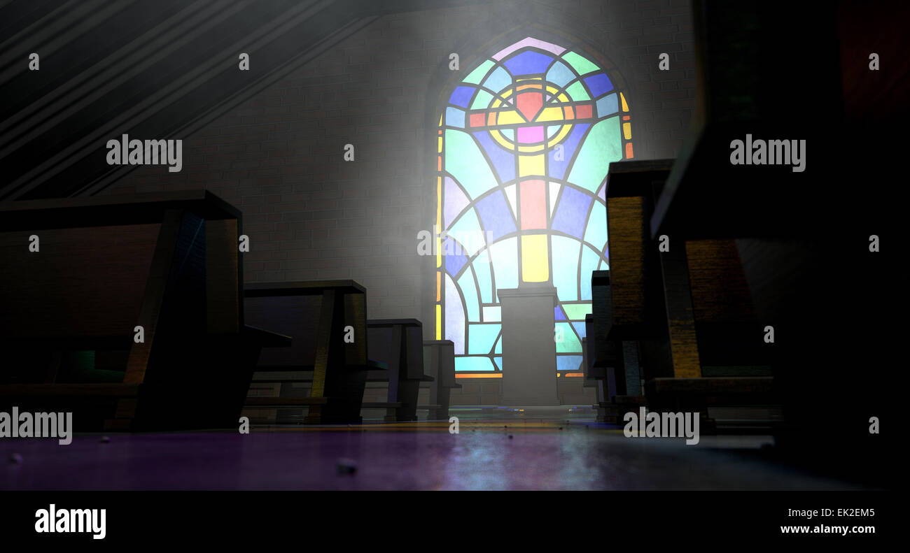 A dim old church interior lit by suns rays penetrating through a ...