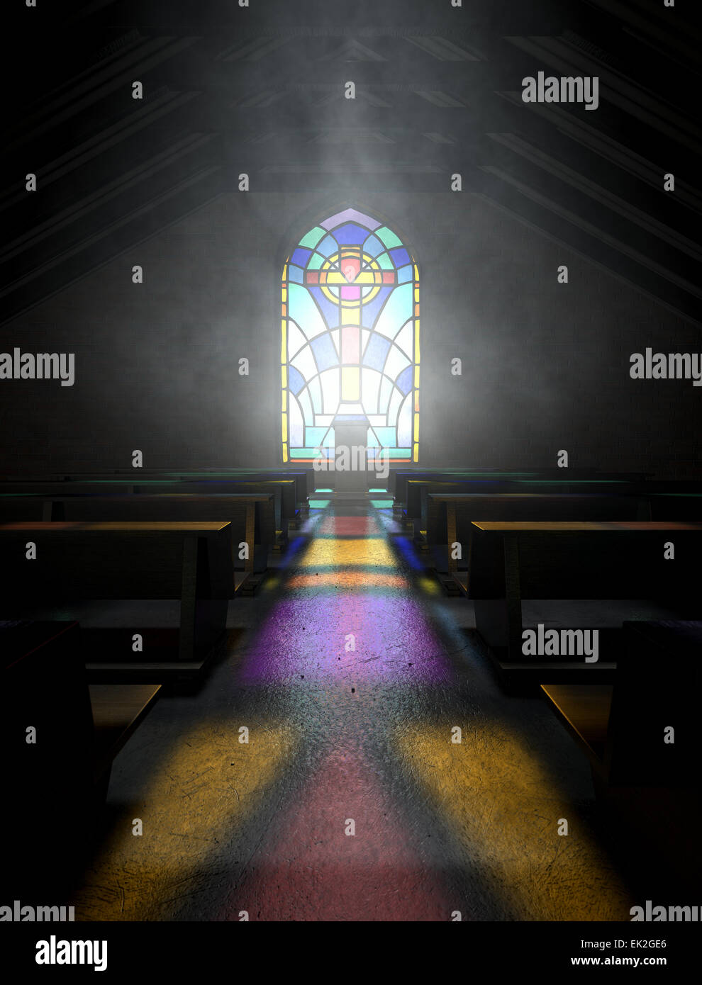 A dim old church interior lit by suns rays penetrating through a ...
