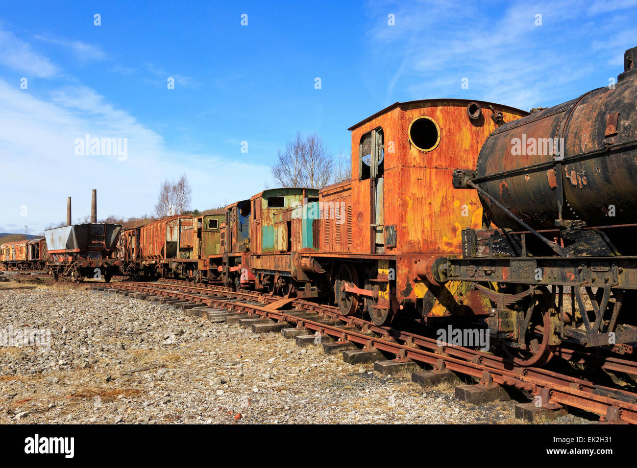 Disused old steam trains, lying rusting in a railway siding, Ayrshire ...