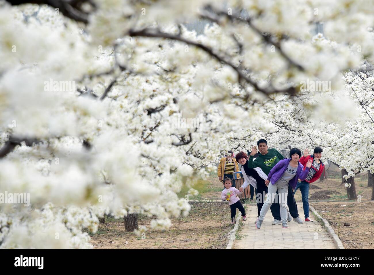 Xiajin, China's Shandong Province. 6th Apr, 2015. Citizens pose for a ...