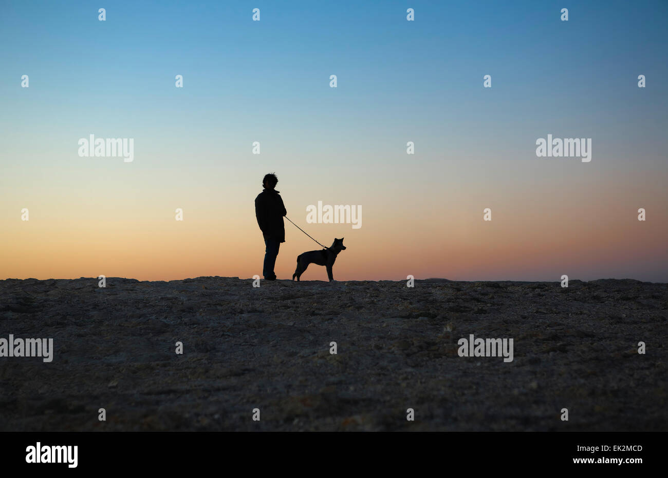 Silhouette man walking dog sunset hi-res stock photography and images ...