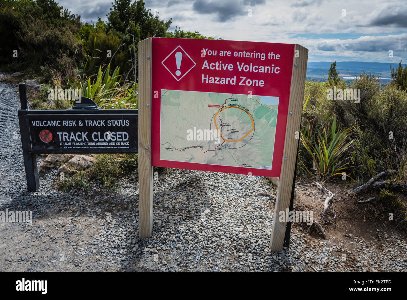 Warning sign near Te Maari Crater, Tongariro Crossing, north island ...