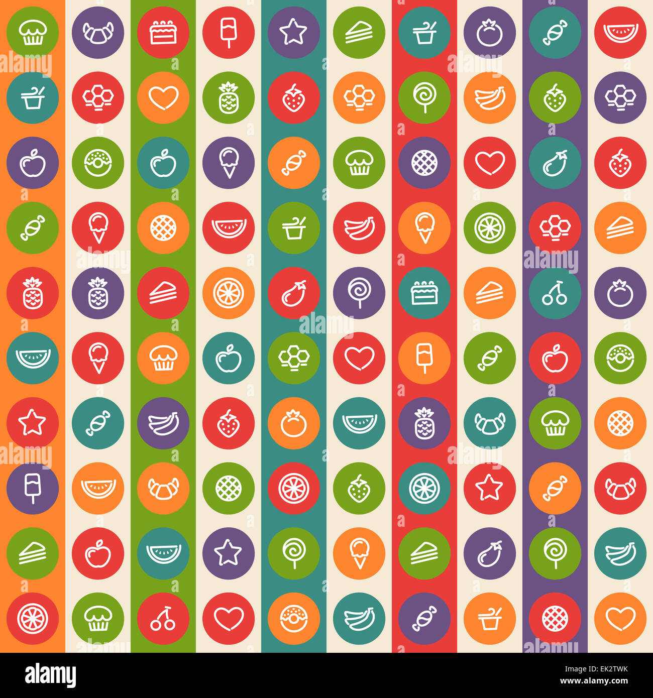 Color Striped Seamless Pattern with Dessert and Fruits Icons. Editable ...