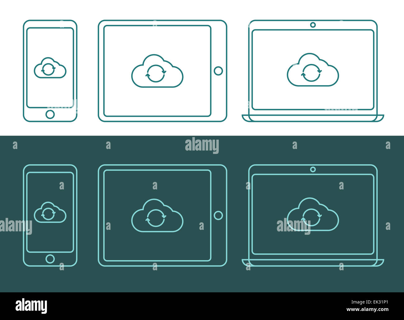 Vector illustration of linear style cloud computing icons, inverted ...