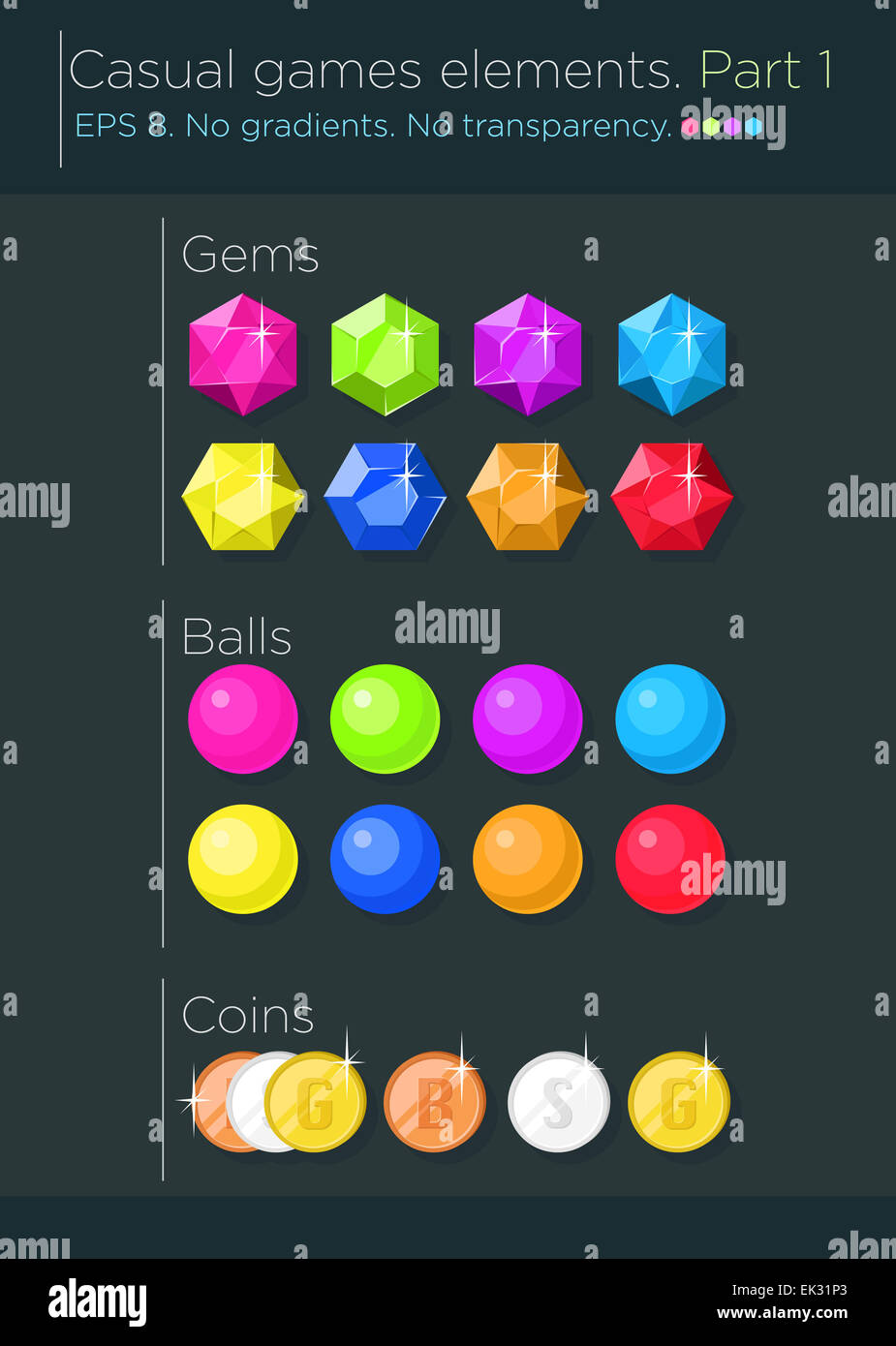 Vector set of casual games elements, gems, balls and coins Stock Photo ...