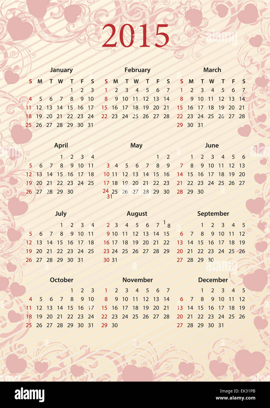 American Vector pink floral calendar 2015 with hearts, starting from ...