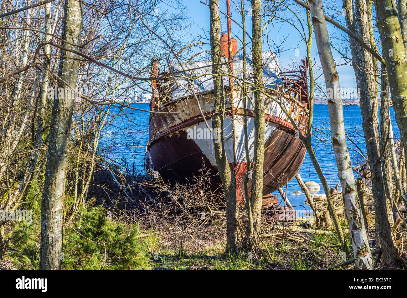 The front end of an old passanger ship, now wrecked and pulled on shore ...