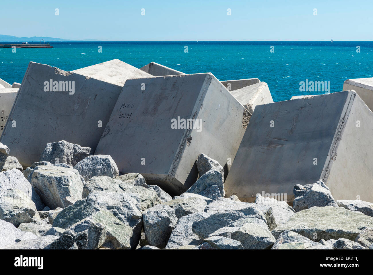 Breakwater blocks in the port of Barcelona, Catalonia, Spain Stock ...