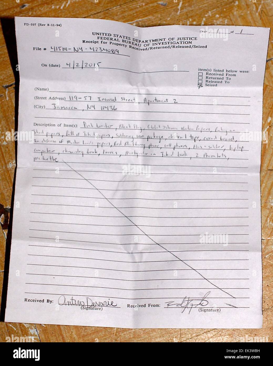 New York, New York, USA. 4th Apr, 2015. FBI receipt for seized property ...