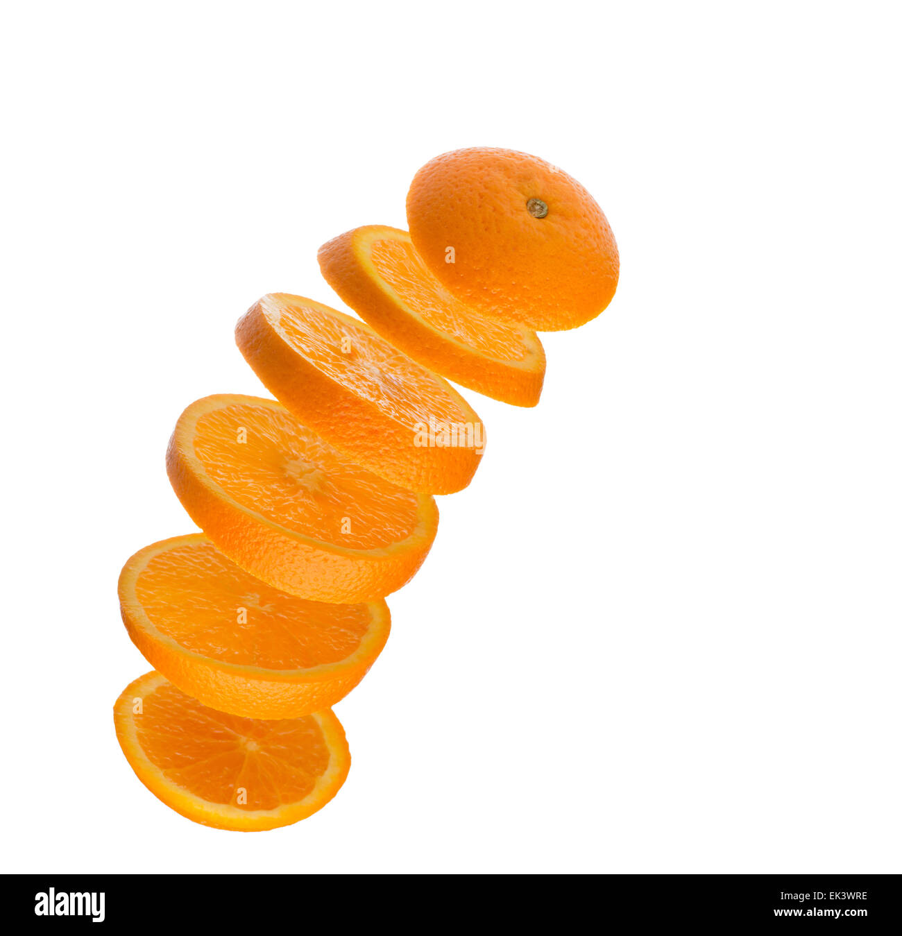 Falling slices of orange in air isolated on white Stock Photo - Alamy