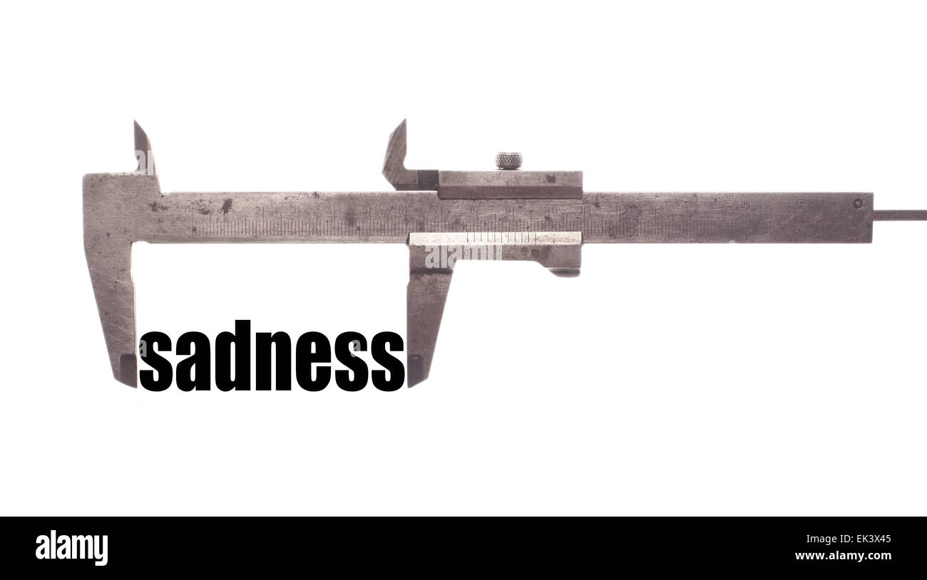Color horizontal shot of a caliper and measuring the word "sadness ...