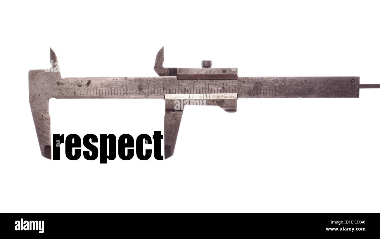 Color horizontal shot of a caliper and measuring the word "respect ...
