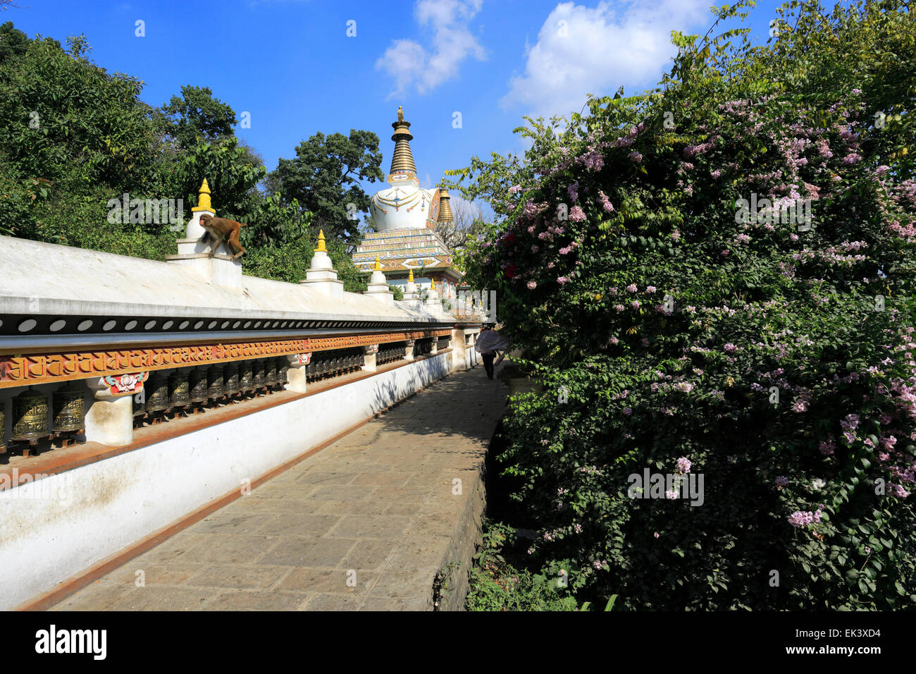 Part of the 245 foot long prayer wheel wall and Buddhist Stupas built ...
