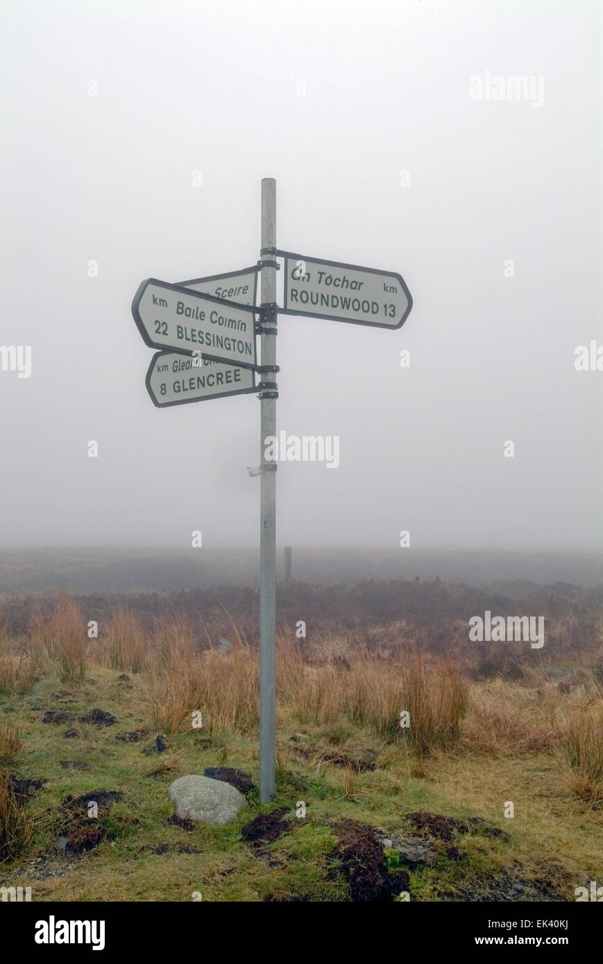 Traffic sign with fog in english and gaelic language in the wicklow ...