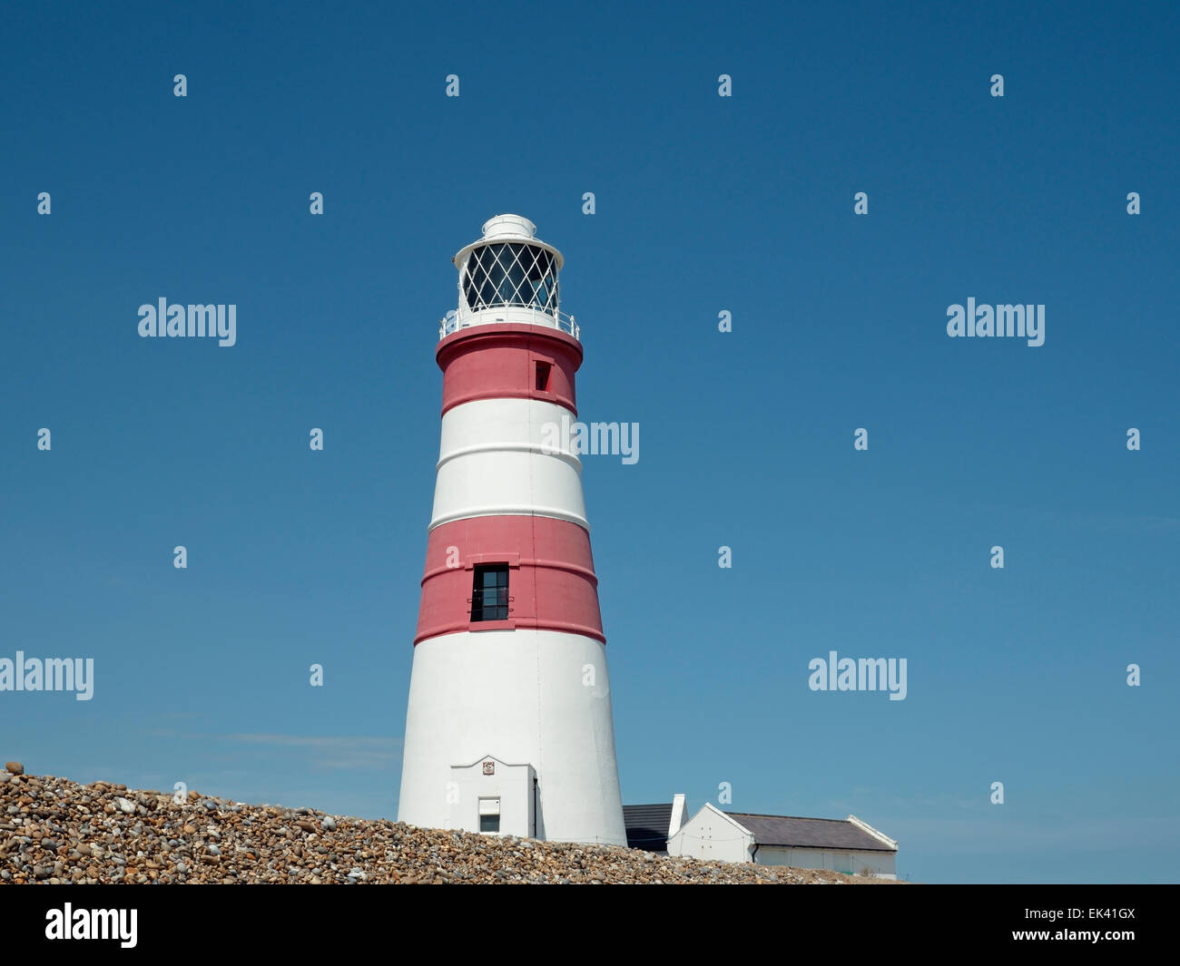 Orfordness Lighthouse, towering over the pebble beach, Orford Ness ...