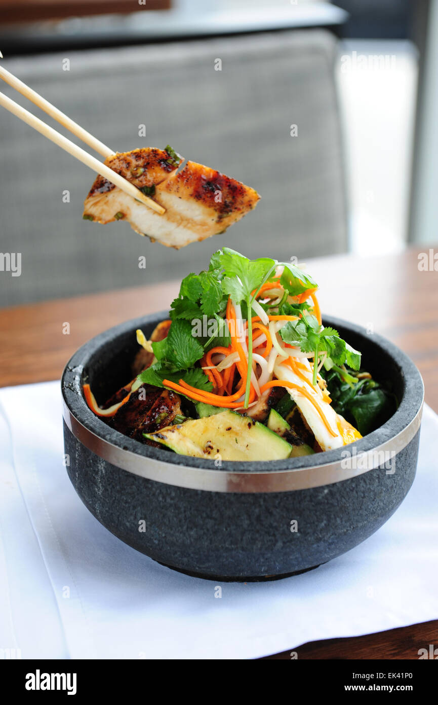USA Food Dining Asian style chicken rice bowl in a fusion restaurant ...