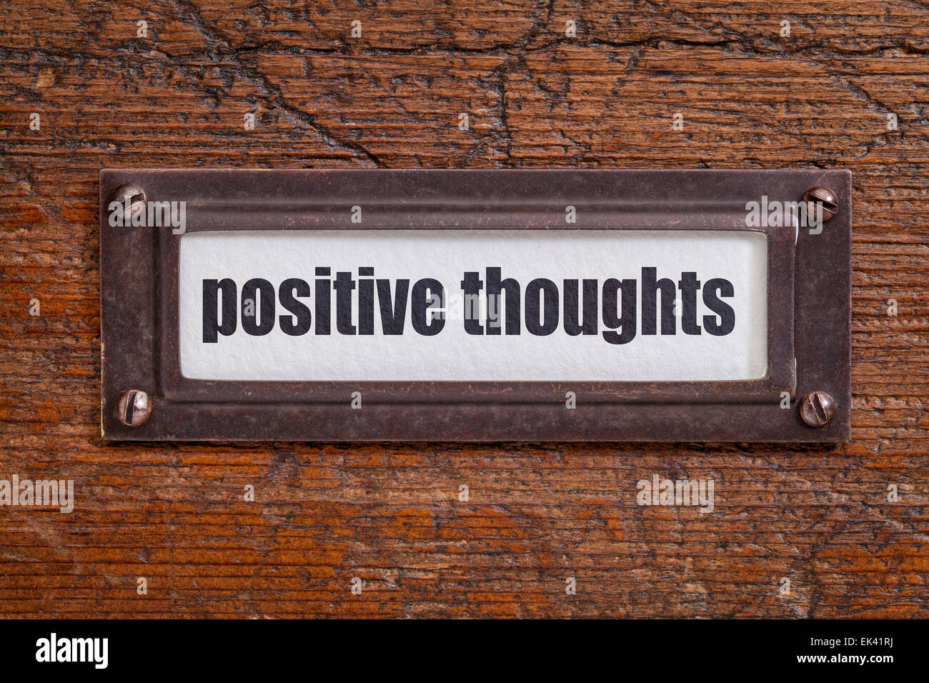 positive thoughts - file cabinet label, bronze holder against grunge ...