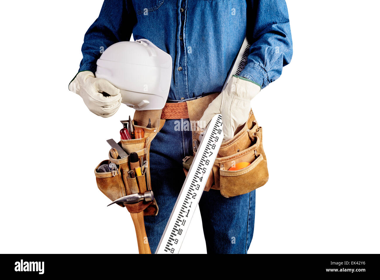 Contractor Man With Carpenter Toolbelt and Survey Rod Isolated on White ...