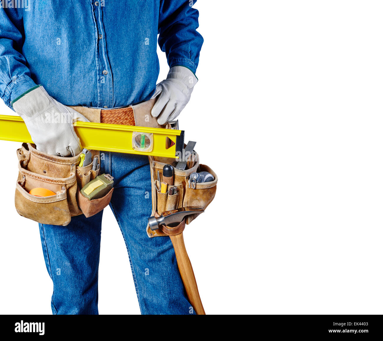 Contractor Man With Carpenter Toolbelt and Level Isolated on White ...