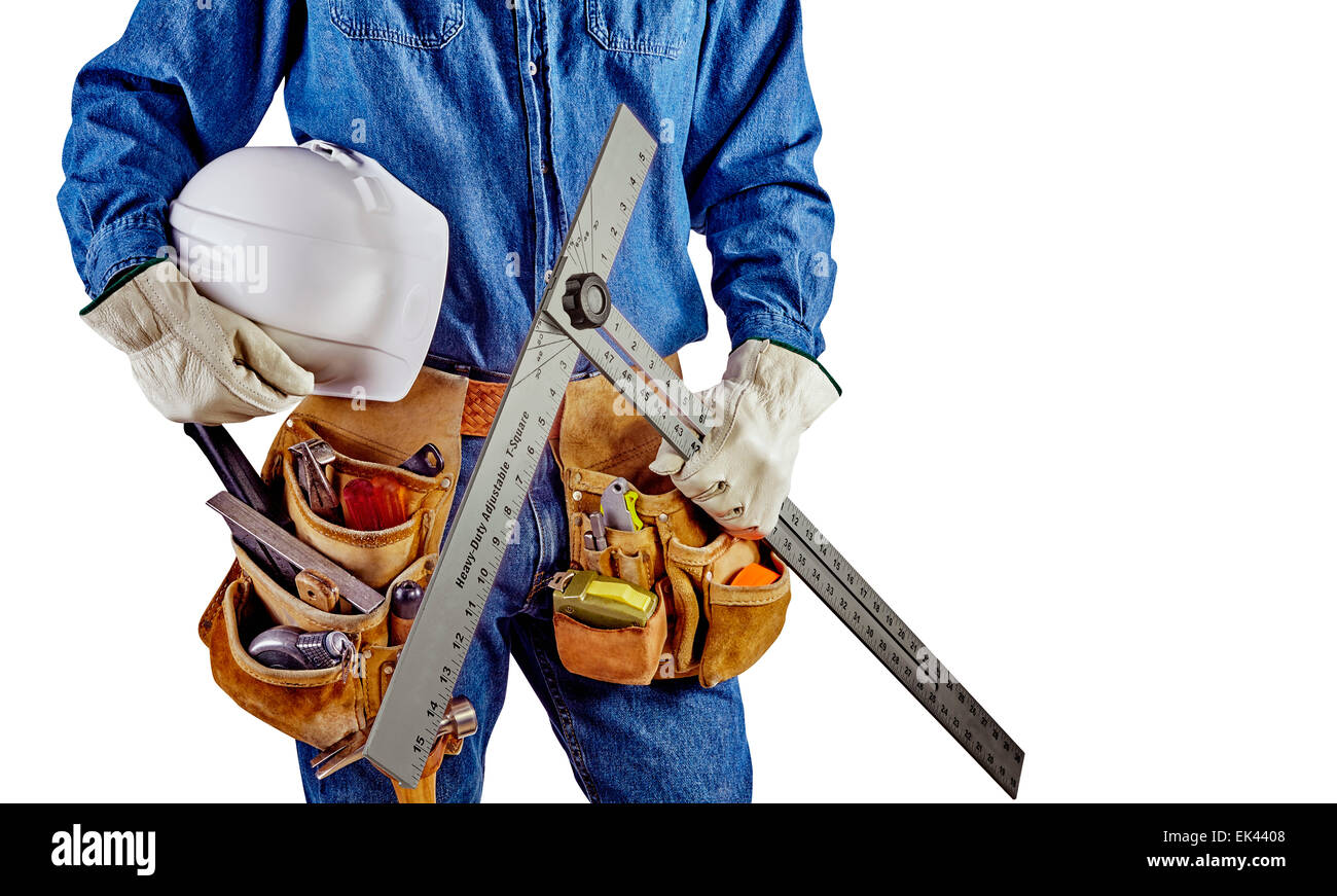 Contractor Man With Carpenter Toolbelt and T Square Isolated on White ...