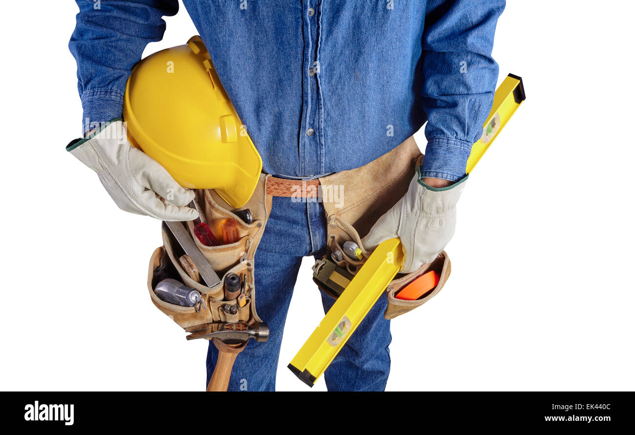 Contractor Man With Carpenter Toolbelt Safety Helmet and Plumb Level ...