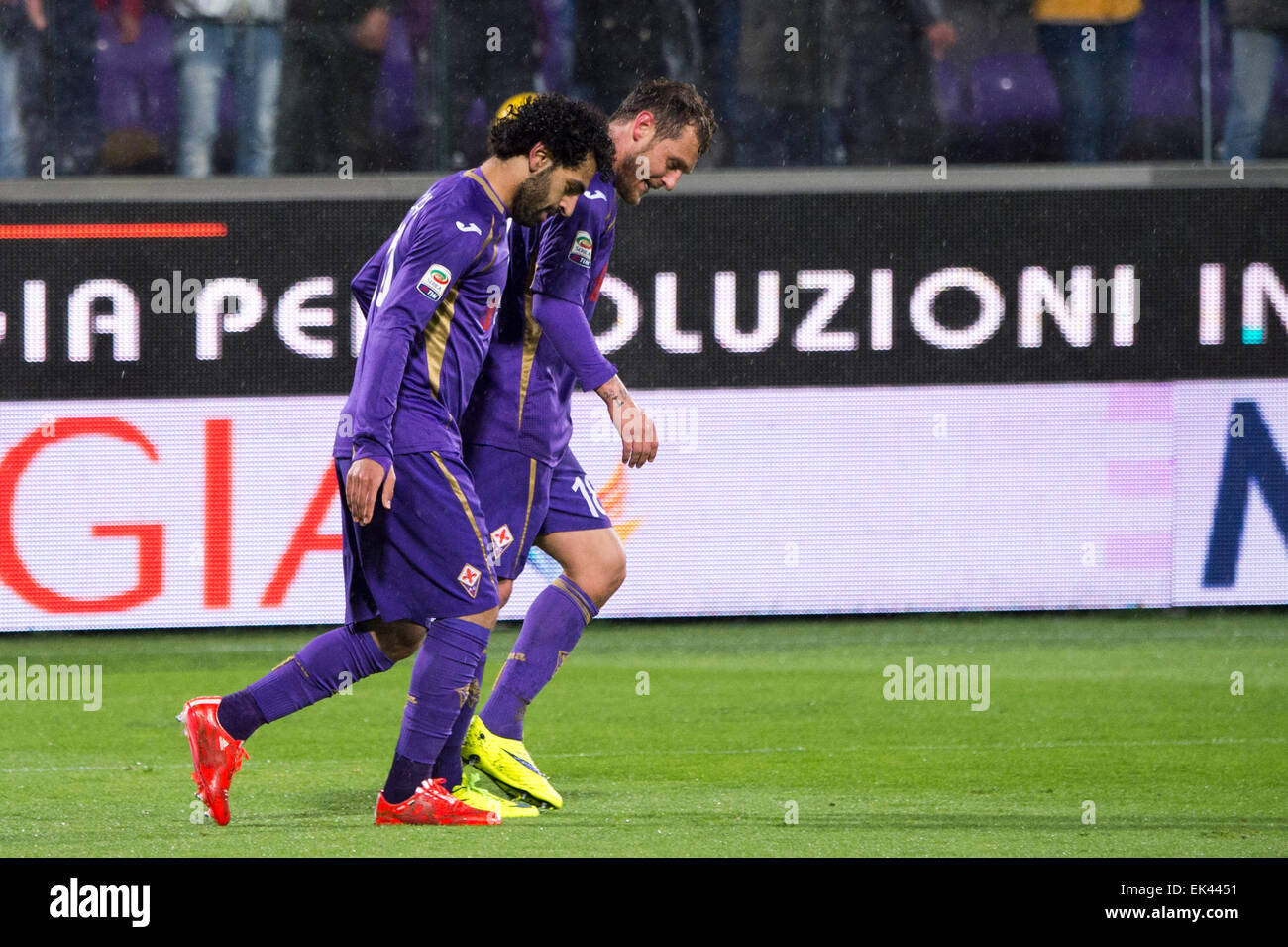 Firenze, Italy. 4th Apr, 2015. (L-R) Mohamed Salah, Alessandro Diamanti ...