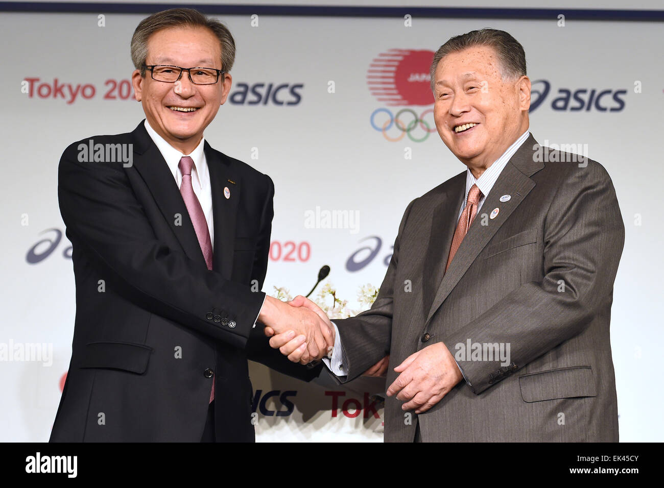 (L-R) Motoi Oyama, Yoshiro Mori, APRIL 6, 2015 : Asics has Press ...