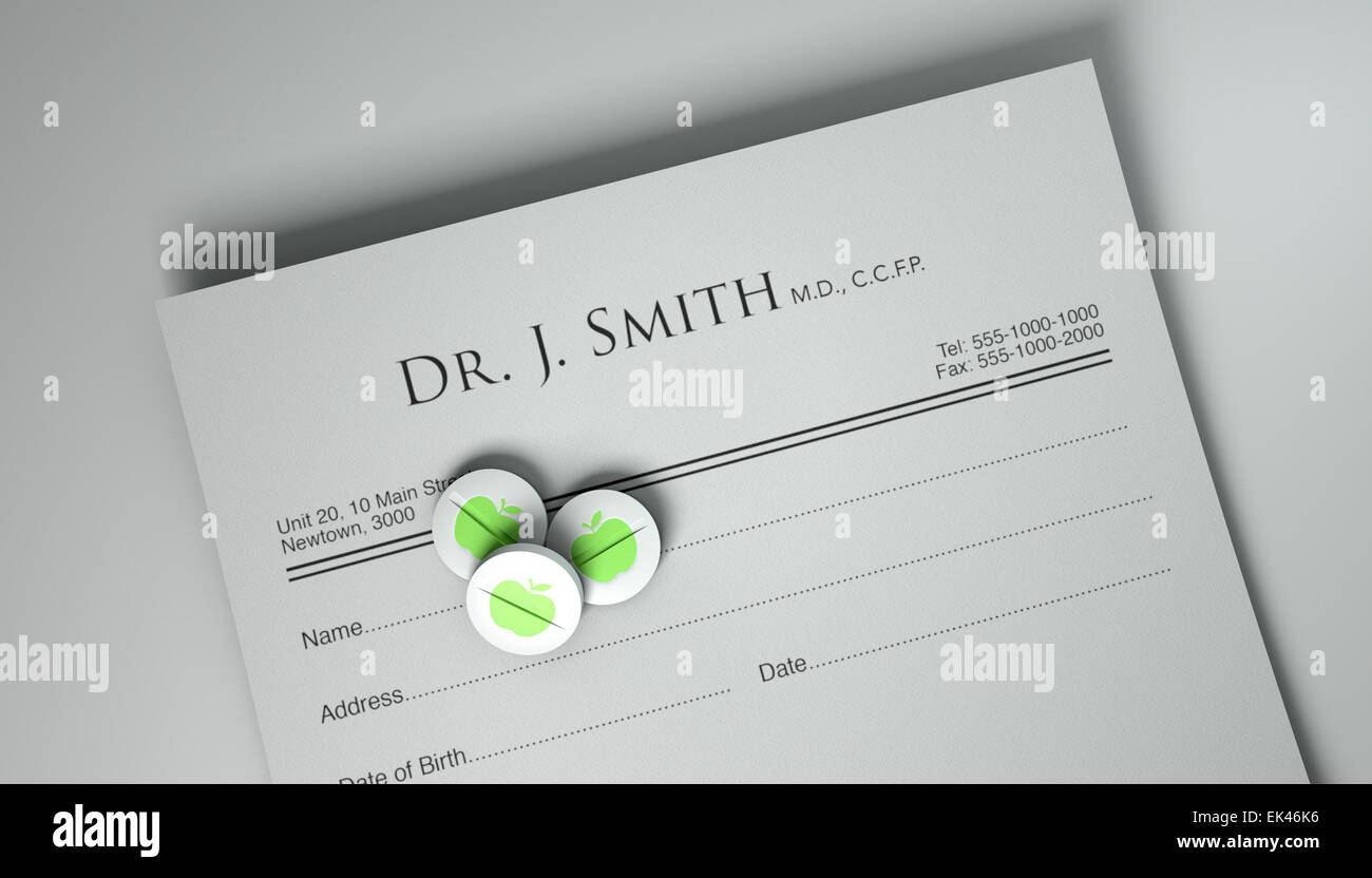 A blank generic doctors prescription note with three white pills and ...