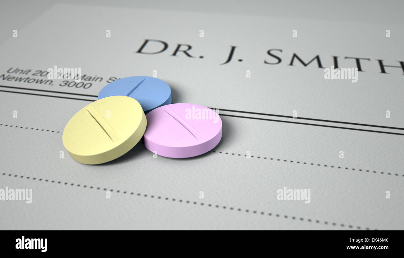 A blank generic doctors prescription note with three regular pills on ...