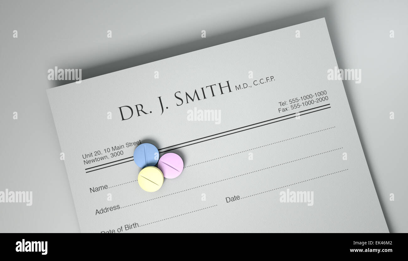 A blank generic doctors prescription note with three regular pills on ...